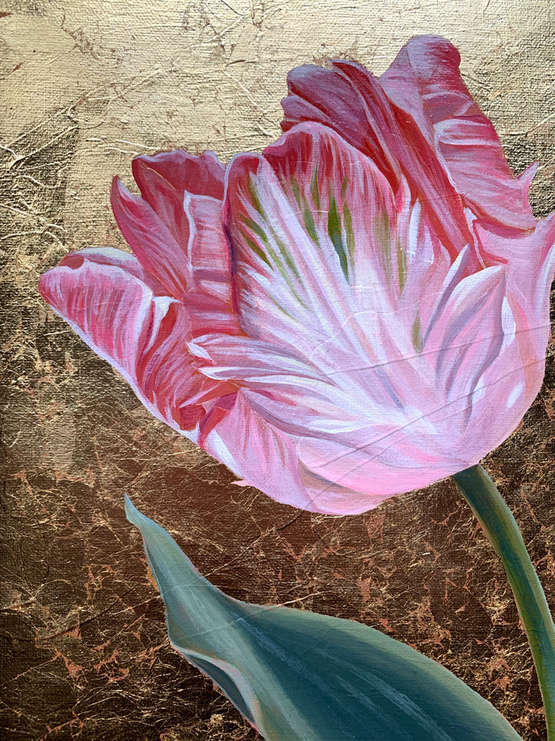 "Two Lips Summon Kindness" Pink Tulip Painting Acrylic & Gold Leaf ...