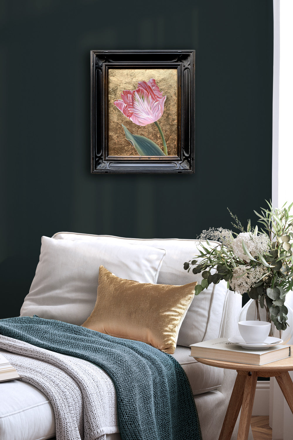 "Two Lips Summon Kindness" Pink Tulip Painting Acrylic & Gold Leaf ...
